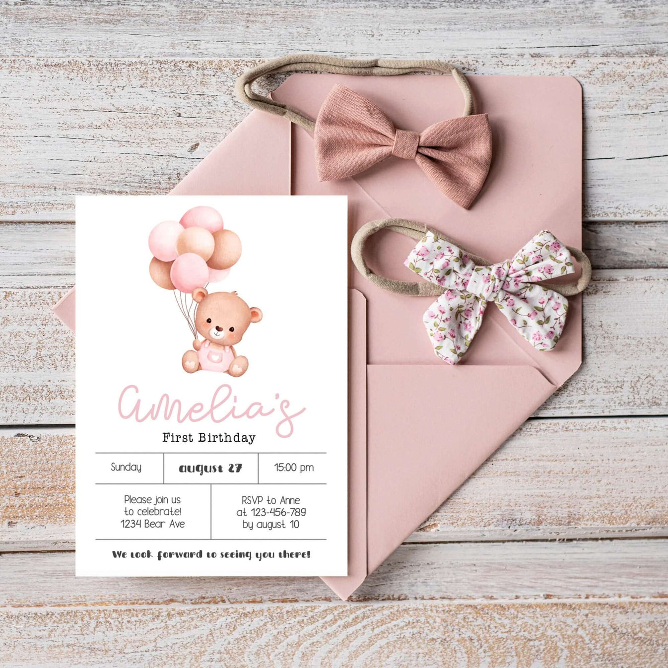 Little Bear Invitation | Pink ★ Instant Download | Editable Text